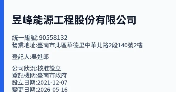 昱峰能源工程股份有限公司的照片-統編 90558132(臺南市) 公司登記資料與營業項目詳細圖表