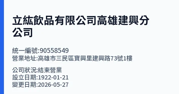 立紘飲品有限公司高雄建興分公司的照片-統編 90558549(高雄市) 公司登記資料與營業項目詳細圖表