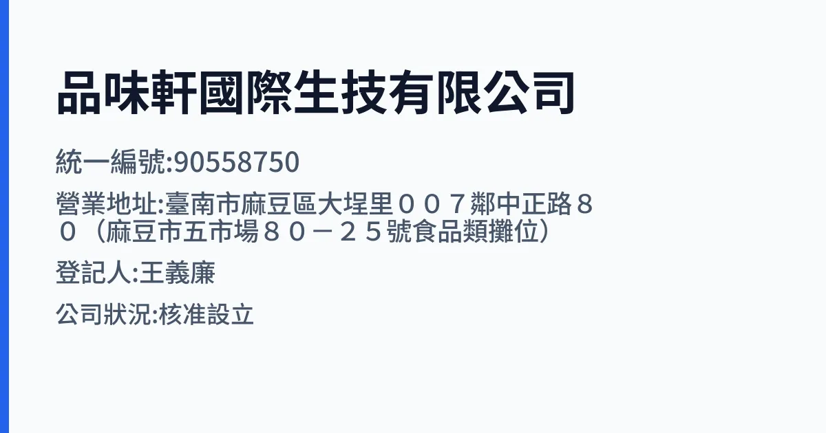 品味軒國際生技有限公司 - 統編 90558750(臺南市) 公司登記資料與營業項目詳細圖表