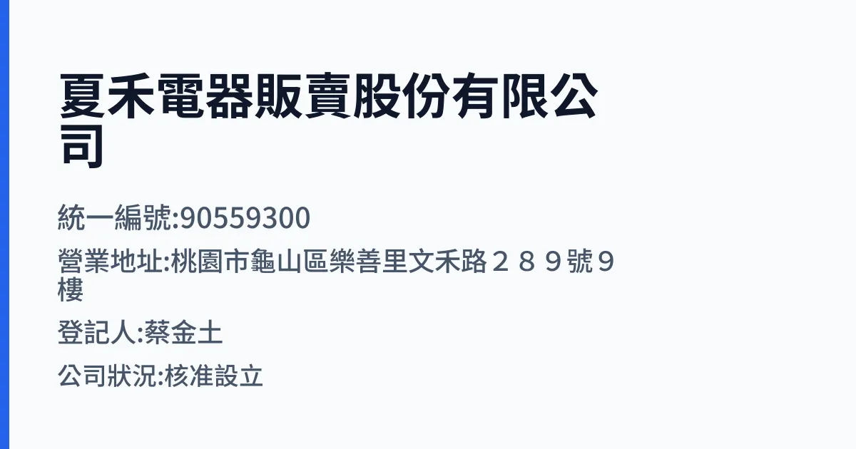 夏禾電器販賣股份有限公司 - 統編 90559300(桃園市) 公司登記資料與營業項目詳細圖表