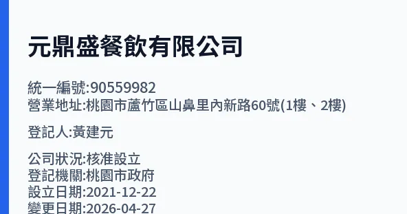 元鼎盛餐飲有限公司的照片-統編 90559982(桃園市) 公司登記資料與營業項目詳細圖表