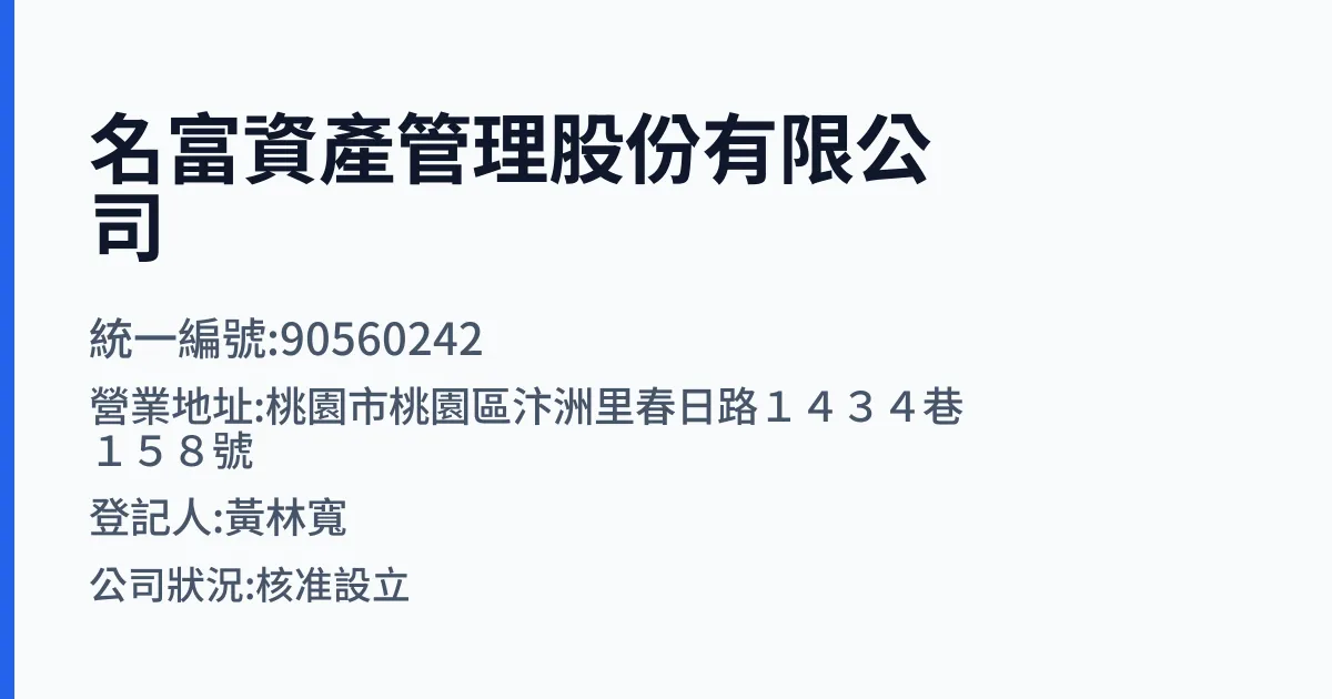 名富資產管理股份有限公司 - 統編 90560242(桃園市) 公司登記資料與營業項目詳細圖表