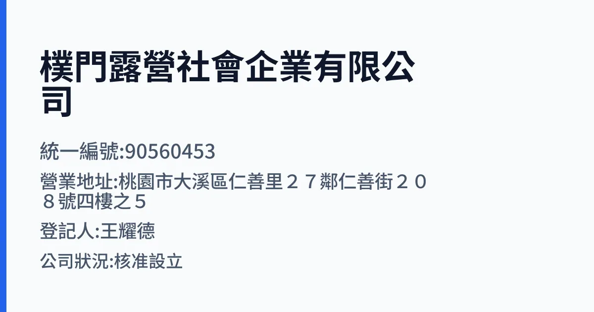 樸門露營社會企業有限公司 - 統編 90560453(桃園市) 公司登記資料與營業項目詳細圖表