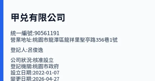 甲兑有限公司的照片-統編 90561191(桃園市) 公司登記資料與營業項目詳細圖表