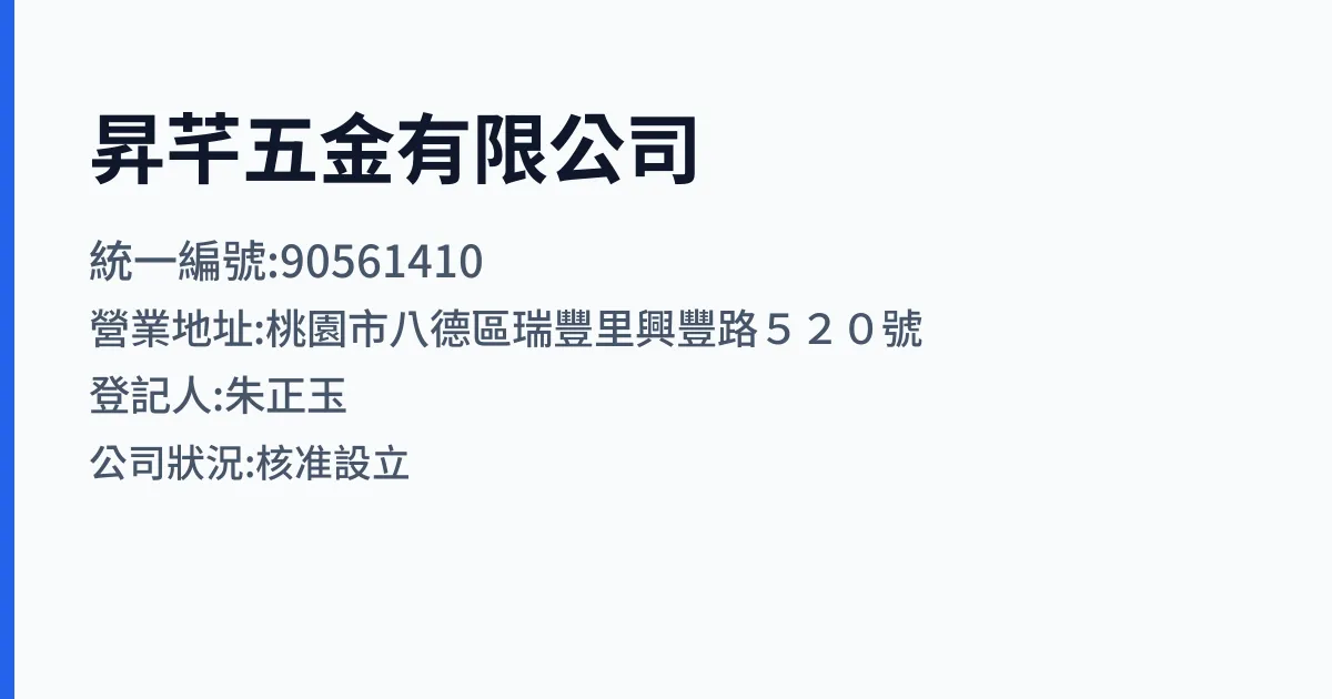 昇芊五金有限公司 - 統編 90561410(桃園市) 公司登記資料與營業項目詳細圖表