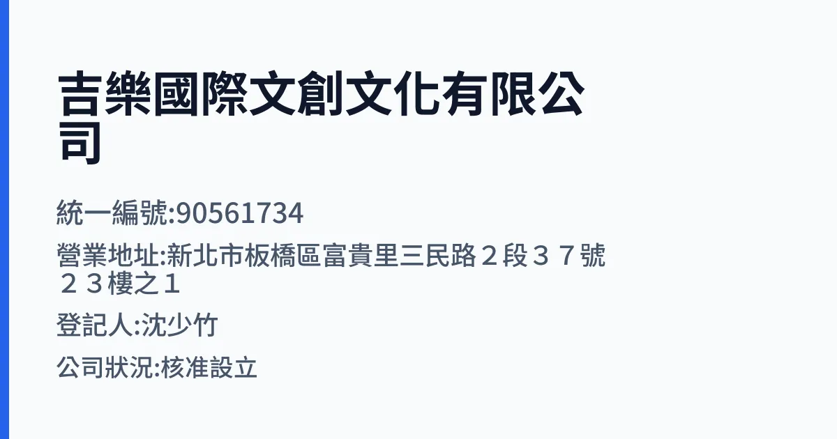 吉樂國際文創文化有限公司 - 統編 90561734(新北市) 公司登記資料與營業項目詳細圖表