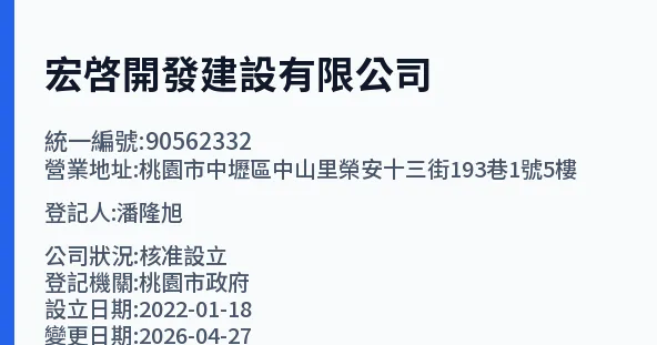 宏啓開發建設有限公司的照片-統編 90562332(桃園市) 公司登記資料與營業項目詳細圖表