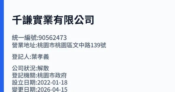 千謙實業有限公司的照片-統編 90562473(桃園市) 公司登記資料與營業項目詳細圖表