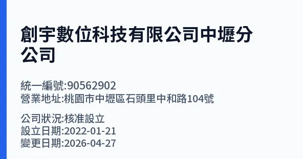 創宇數位科技有限公司中壢分公司的照片-統編 90562902(桃園市) 公司登記資料與營業項目詳細圖表