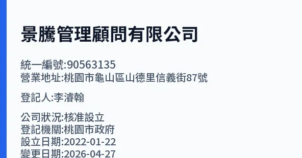 景騰管理顧問有限公司的照片-統編 90563135(桃園市) 公司登記資料與營業項目詳細圖表