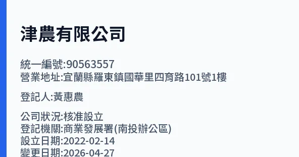 津農有限公司的照片-統編 90563557(宜蘭縣) 公司登記資料與營業項目詳細圖表