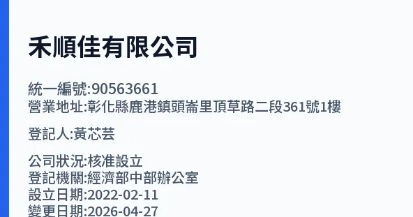 禾順佳有限公司的照片-統編 90563661(彰化縣) 公司登記資料與營業項目詳細圖表