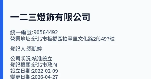 一二三燈飾有限公司的照片-統編 90564492(新北市) 公司登記資料與營業項目詳細圖表
