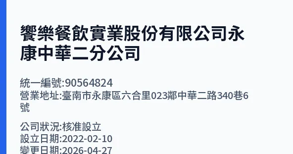 饗樂餐飲實業股份有限公司永康中華二分公司的照片-統編 90564824(臺南市) 公司登記資料與營業項目詳細圖表