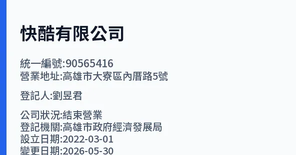 快酷有限公司的照片-統編 90565416(高雄市) 公司登記資料與營業項目詳細圖表