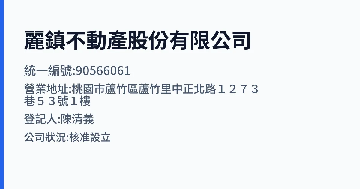 麗鎮不動產股份有限公司 - 統編 90566061(桃園市) 公司登記資料與營業項目詳細圖表