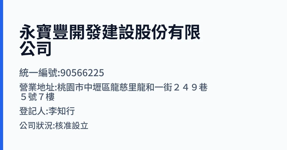 永寶豐開發建設股份有限公司 - 統編 90566225(桃園市) 公司登記資料與營業項目詳細圖表
