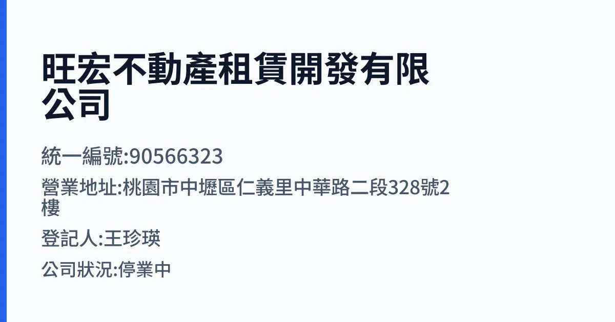 旺宏不動產租賃開發有限公司 - 統編 90566323(桃園市) 公司登記資料與營業項目詳細圖表