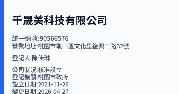 千晟美科技有限公司的照片-統編 90566576(桃園市) 公司登記資料與營業項目詳細圖表
