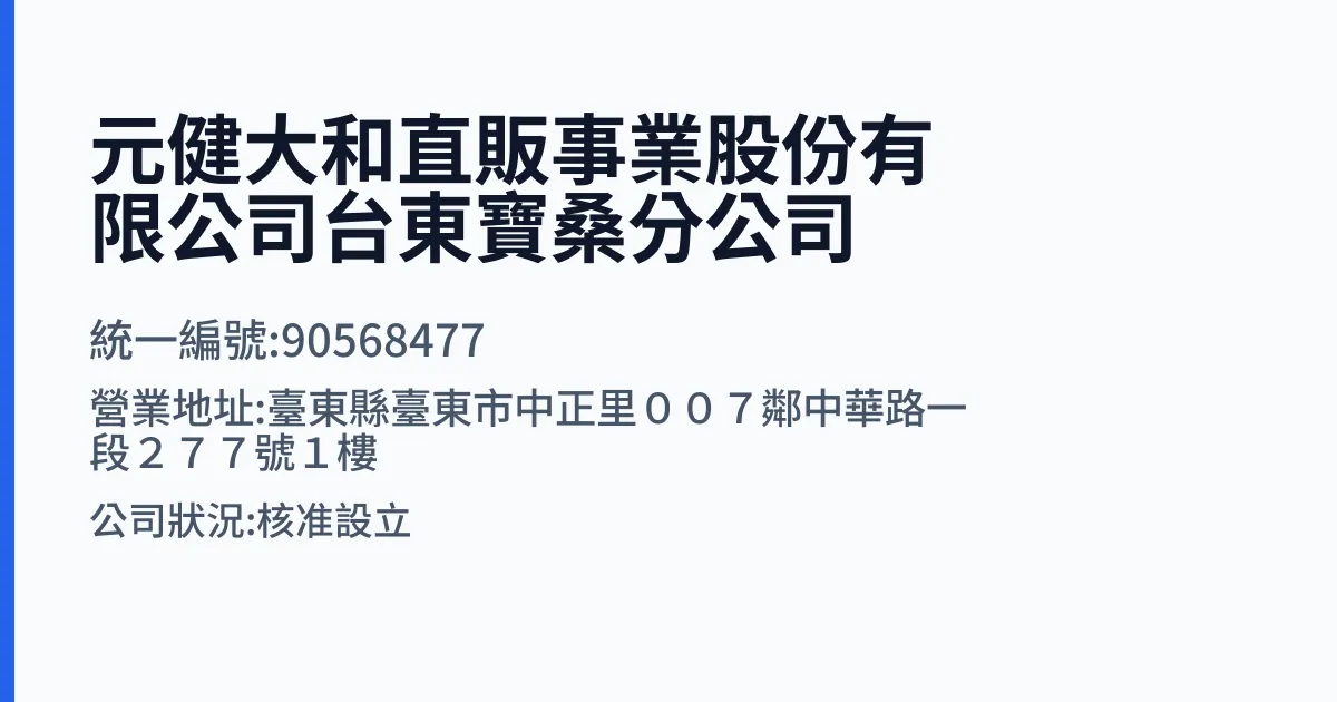 元健大和直販事業股份有限公司台東寶桑分公司 - 統編 90568477(臺東縣) 公司登記資料與營業項目詳細圖表
