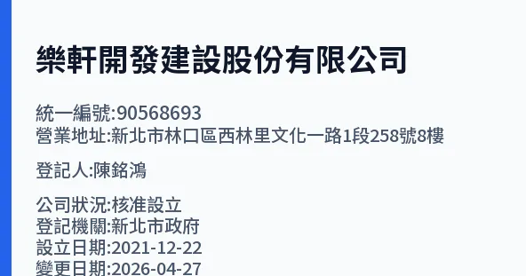 樂軒開發建設股份有限公司的照片-統編 90568693(新北市) 公司登記資料與營業項目詳細圖表