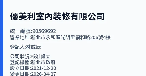 優美利室內裝修有限公司的照片-統編 90569692(新北市) 公司登記資料與營業項目詳細圖表