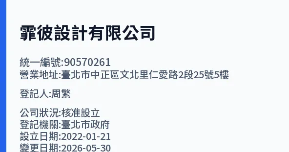 霏彼設計有限公司的照片-統編 90570261(臺北市) 公司登記資料與營業項目詳細圖表