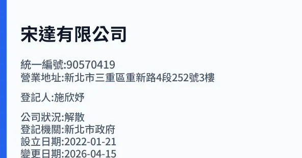 宋達有限公司的照片-統編 90570419(新北市) 公司登記資料與營業項目詳細圖表
