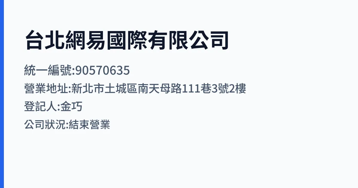 台北網易國際有限公司 - 統編 90570635(新北市) 公司登記資料與營業項目詳細圖表
