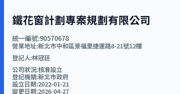 鐵花窗計劃專案規劃有限公司的照片-統編 90570678(新北市) 公司登記資料與營業項目詳細圖表