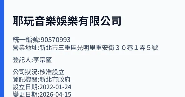 耶玩音樂娛樂有限公司的照片-統編 90570993(新北市) 公司登記資料與營業項目詳細圖表