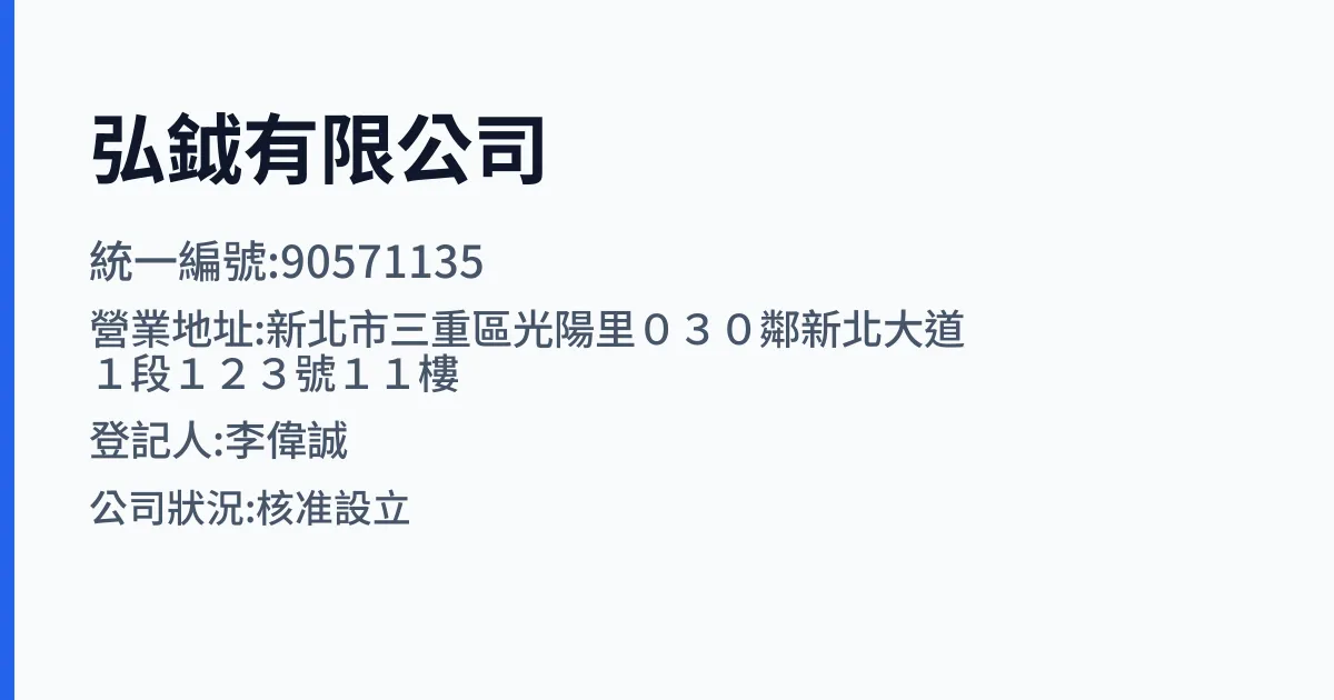 弘鉞有限公司 - 統編 90571135(新北市) 公司登記資料與營業項目詳細圖表