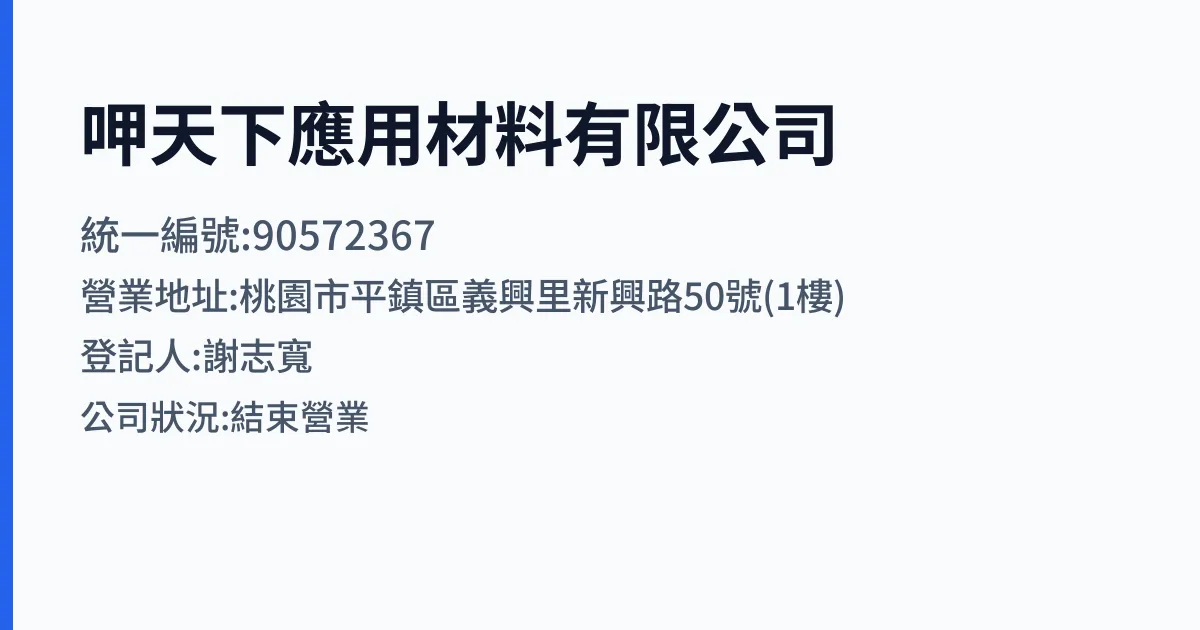 呷天下應用材料有限公司 - 統編 90572367(桃園市) 公司登記資料與營業項目詳細圖表