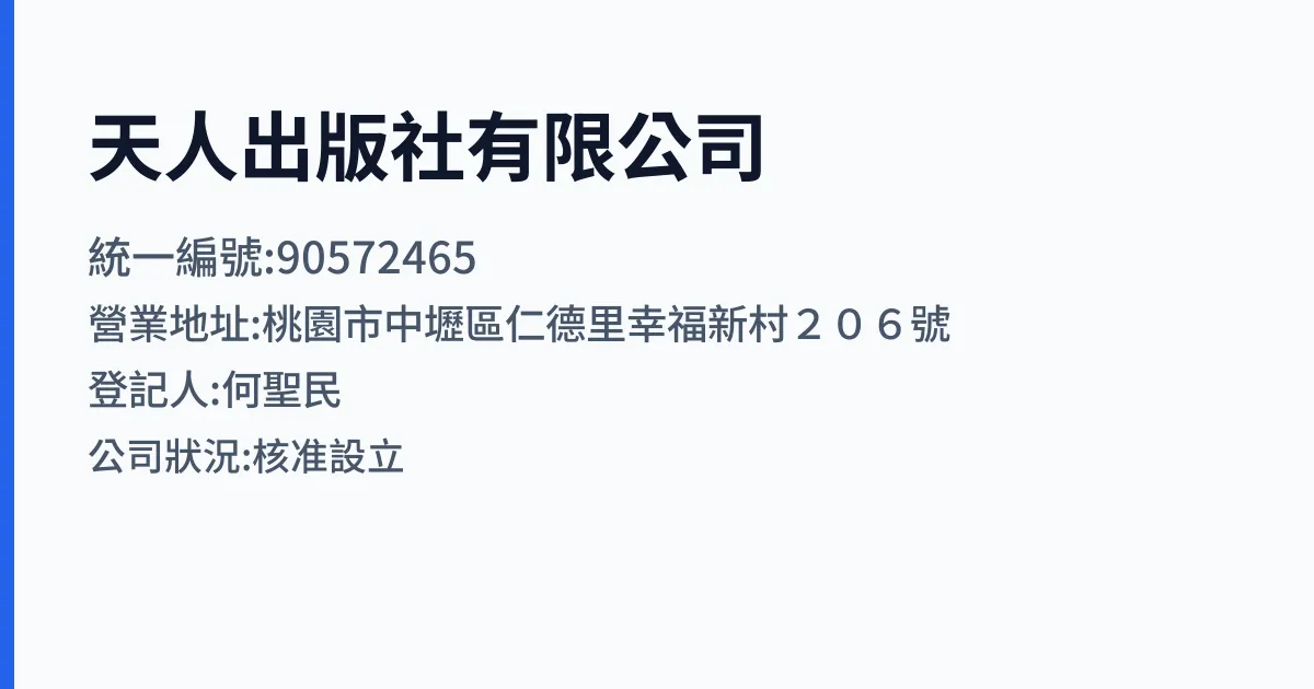 天人出版社有限公司 - 統編 90572465(桃園市) 公司登記資料與營業項目詳細圖表