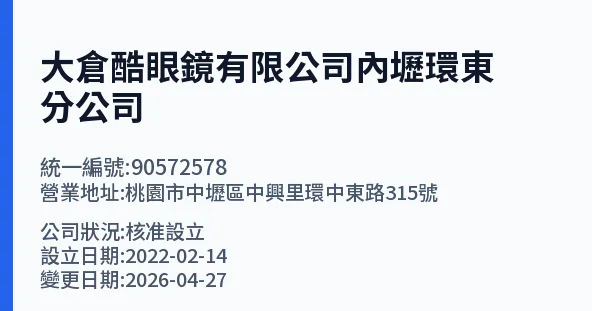大倉酷眼鏡有限公司內壢環東分公司的照片-統編 90572578(桃園市) 公司登記資料與營業項目詳細圖表