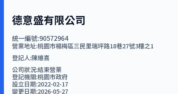 德意盛有限公司的照片-統編 90572964(桃園市) 公司登記資料與營業項目詳細圖表