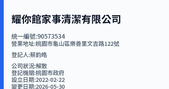 耀你館家事清潔有限公司的照片-統編 90573534(桃園市) 公司登記資料與營業項目詳細圖表