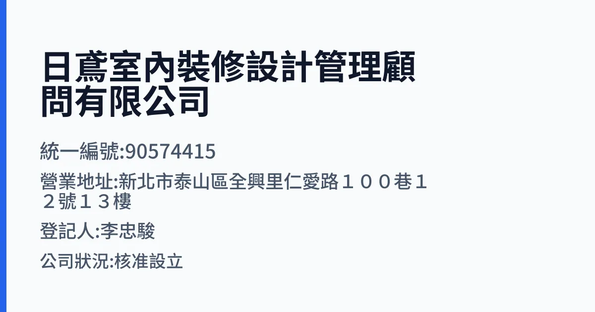 日鳶室內裝修設計管理顧問有限公司 - 統編 90574415(新北市) 公司登記資料與營業項目詳細圖表