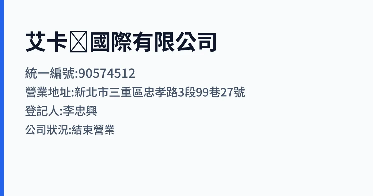 艾卡儞國際有限公司 - 統編 90574512(新北市) 公司登記資料與營業項目詳細圖表