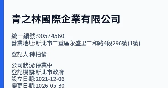 青之林國際企業有限公司的照片-統編 90574560(新北市) 公司登記資料與營業項目詳細圖表