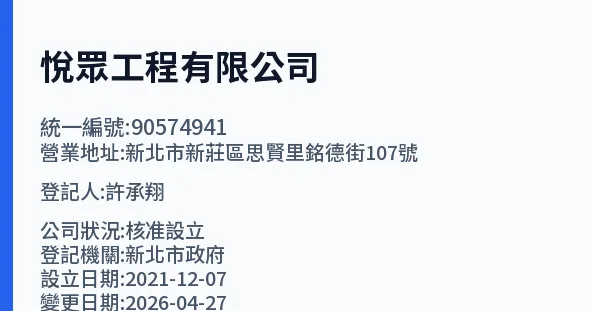 悅眾工程有限公司的照片-統編 90574941(新北市) 公司登記資料與營業項目詳細圖表