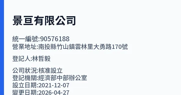 景亘有限公司的照片-統編 90576188(南投縣) 公司登記資料與營業項目詳細圖表