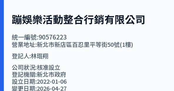 蹦娛樂活動整合行銷有限公司的照片-統編 90576223(新北市) 公司登記資料與營業項目詳細圖表