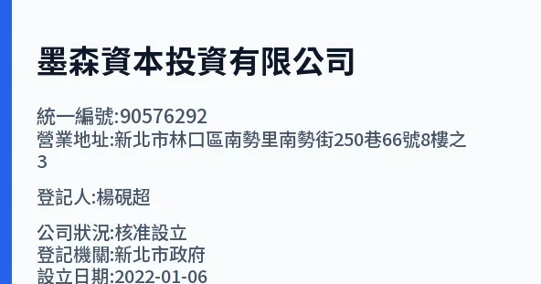 墨森資本投資有限公司的照片-統編 90576292(新北市) 公司登記資料與營業項目詳細圖表
