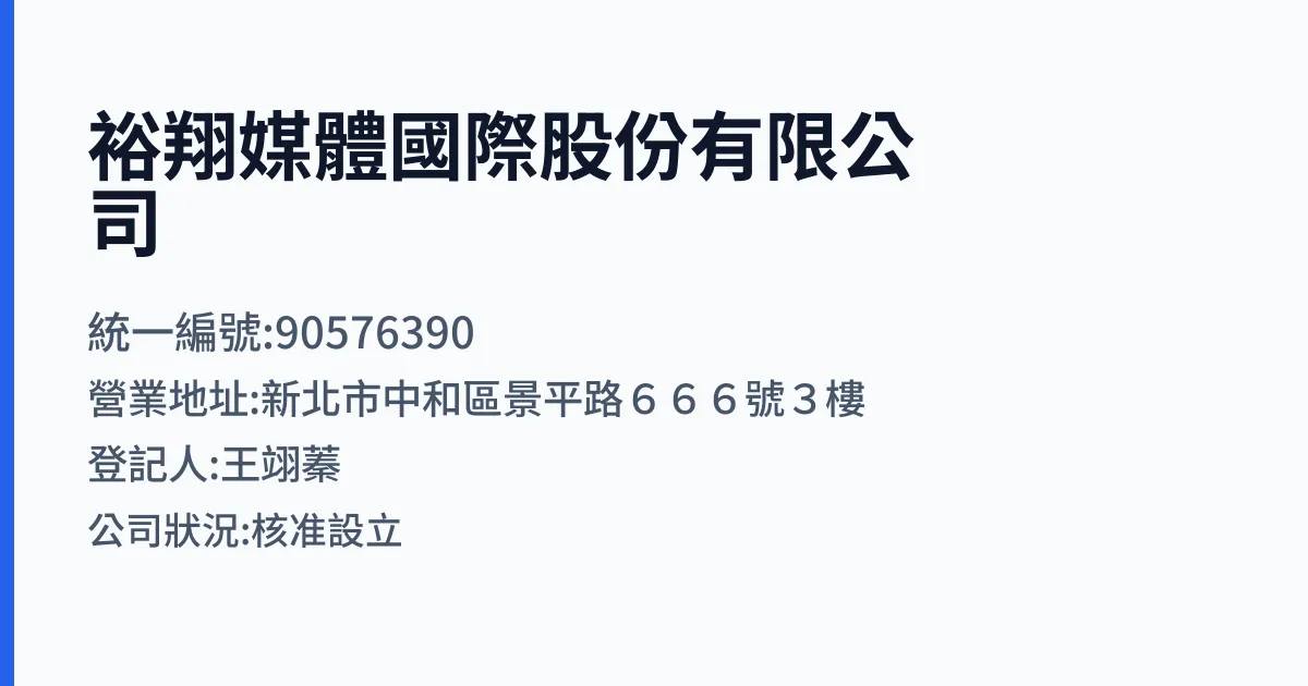 裕翔媒體國際股份有限公司 - 統編 90576390(新北市) 公司登記資料與營業項目詳細圖表