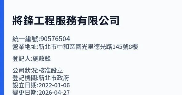 將鋒工程服務有限公司的照片-統編 90576504(新北市) 公司登記資料與營業項目詳細圖表