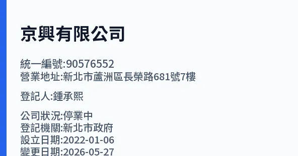 京興有限公司的照片-統編 90576552(新北市) 公司登記資料與營業項目詳細圖表