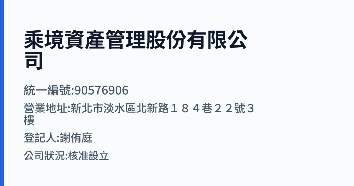 乘境資產管理股份有限公司 - 統編 90576906(新北市) 公司登記資料與營業項目詳細圖表