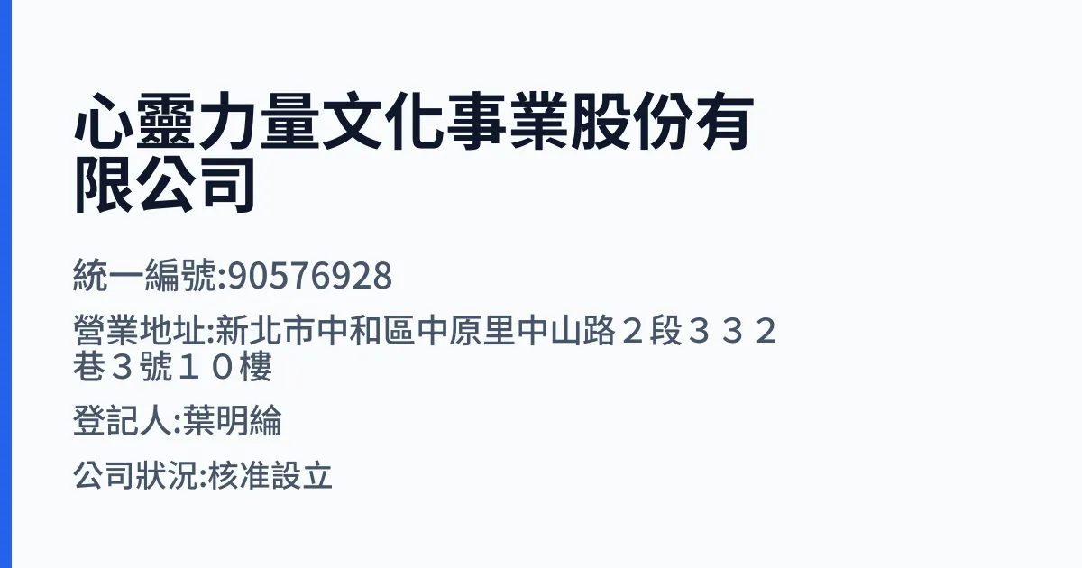 心靈力量文化事業股份有限公司 - 統編 90576928(新北市) 公司登記資料與營業項目詳細圖表