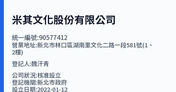 米其文化股份有限公司的照片-統編 90577412(新北市) 公司登記資料與營業項目詳細圖表